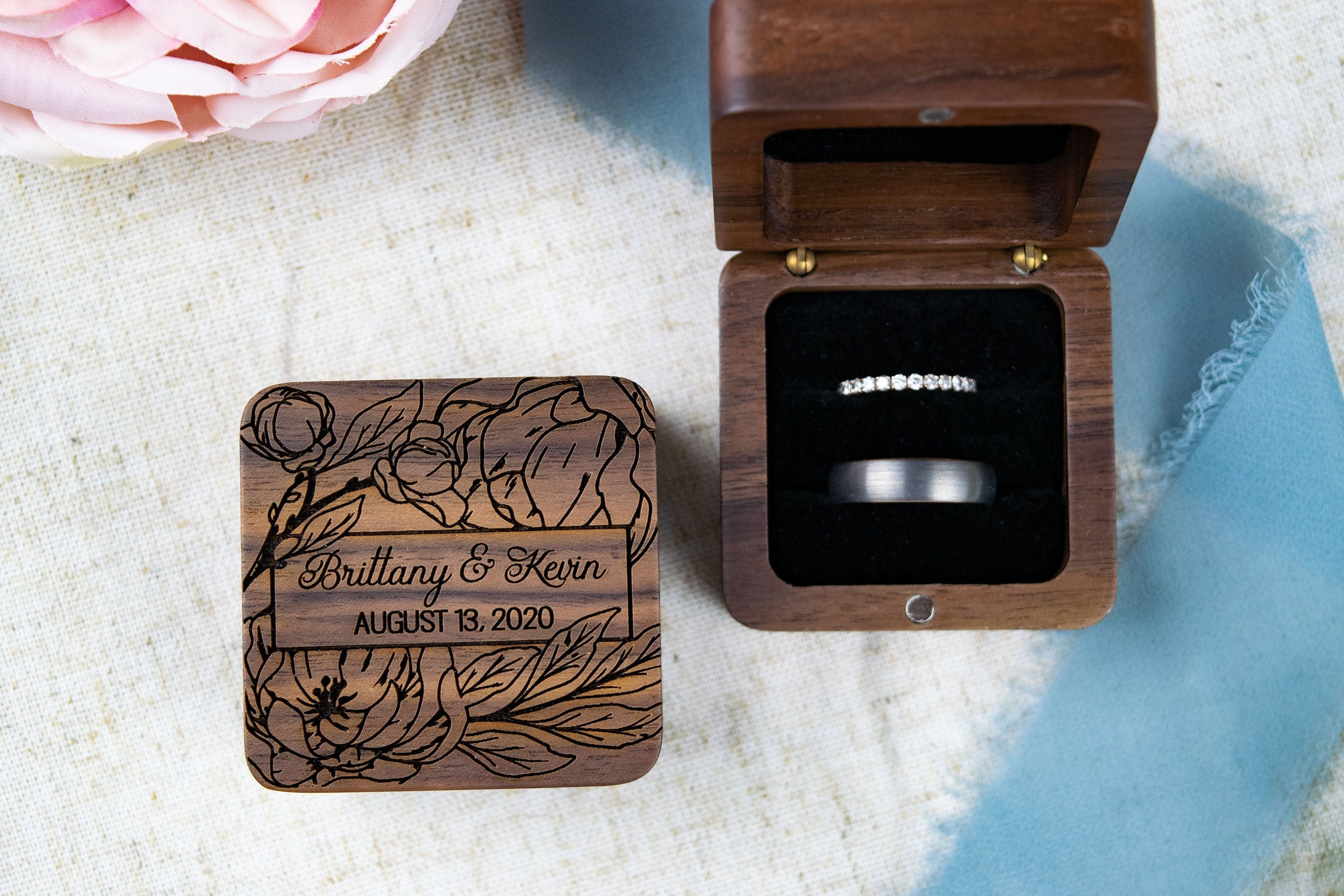Personalized Floral Wedding Ring Box, Double Slotted Walnut Ring Box w ...